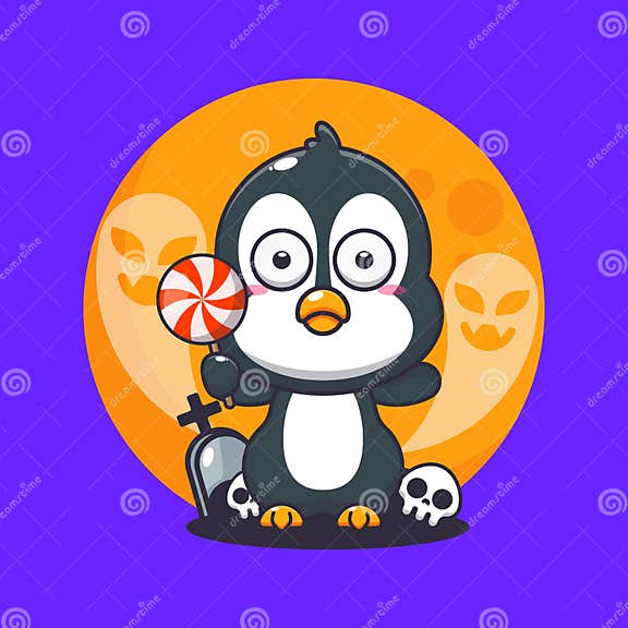 Cute Penguin Scared by Ghost in Halloween Day. Cute Halloween Cartoon ...
