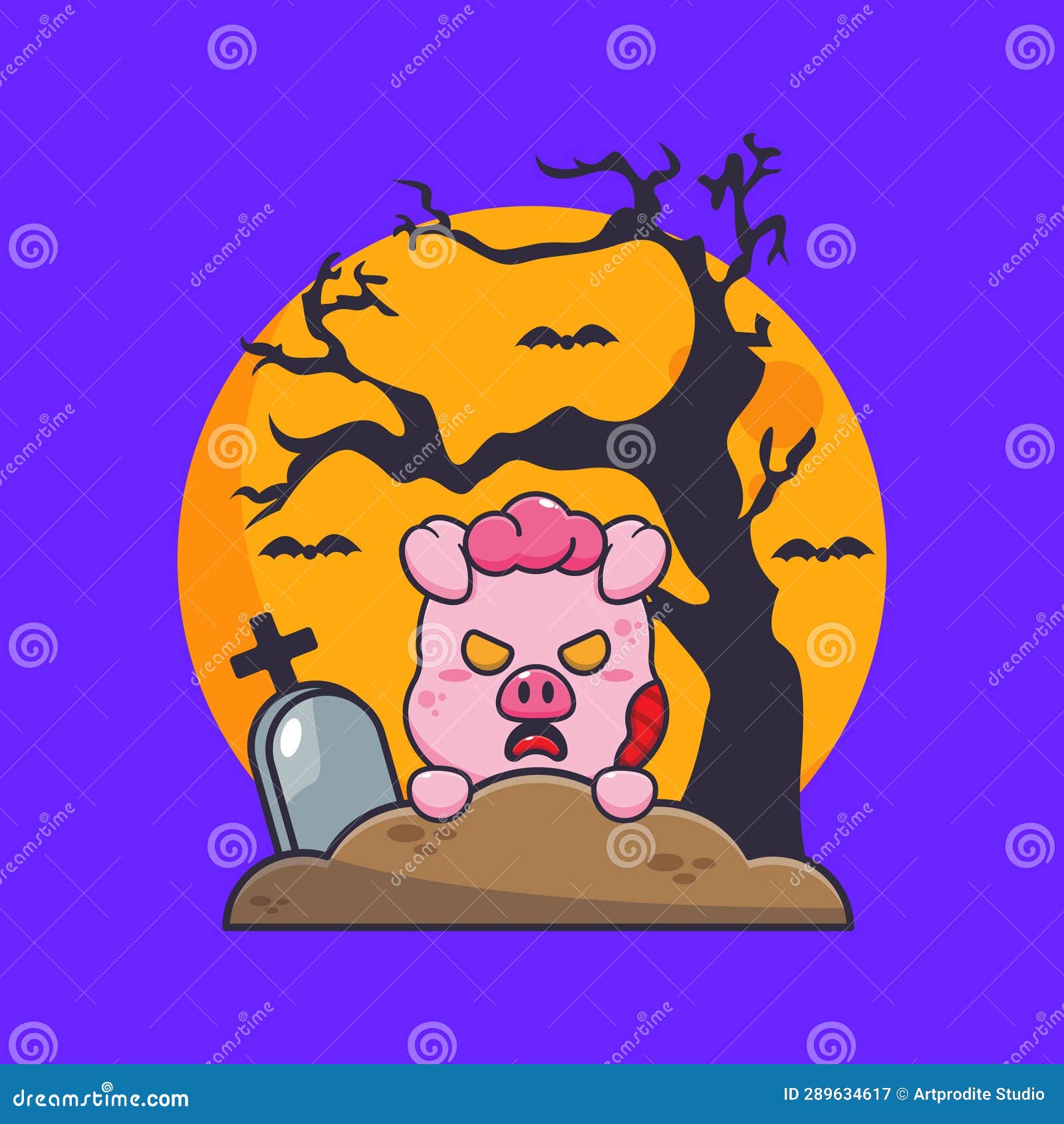 Zombie Pig Rise from Graveyard in Halloween Day. Cute Halloween Cartoon ...