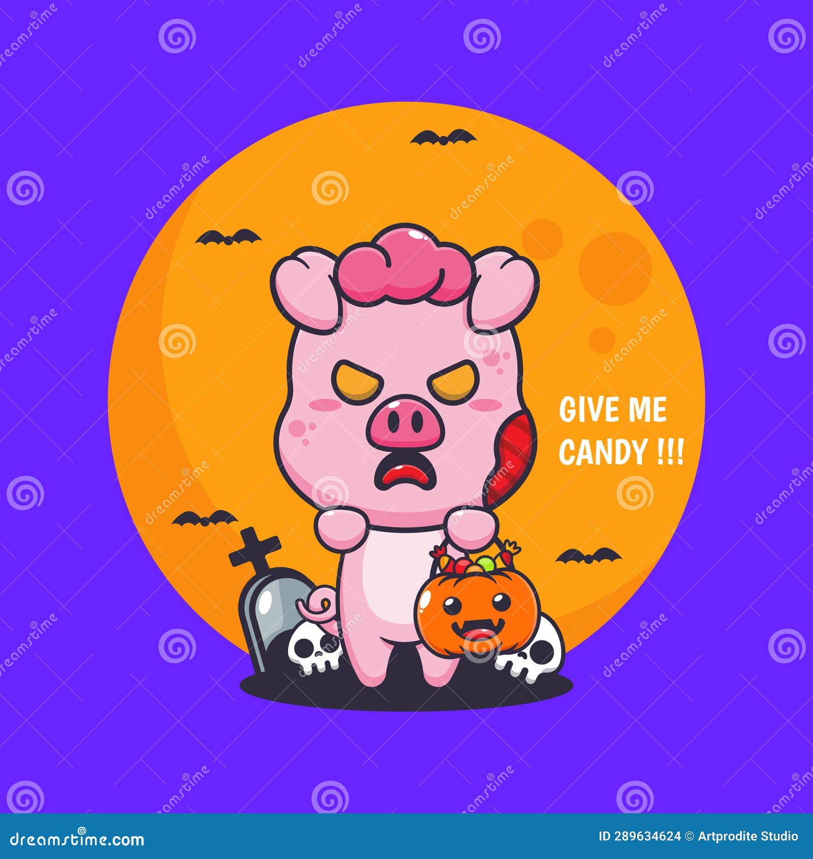 Zombie Pig Want Candy. Cute Halloween Cartoon Illustration Stock Vector ...