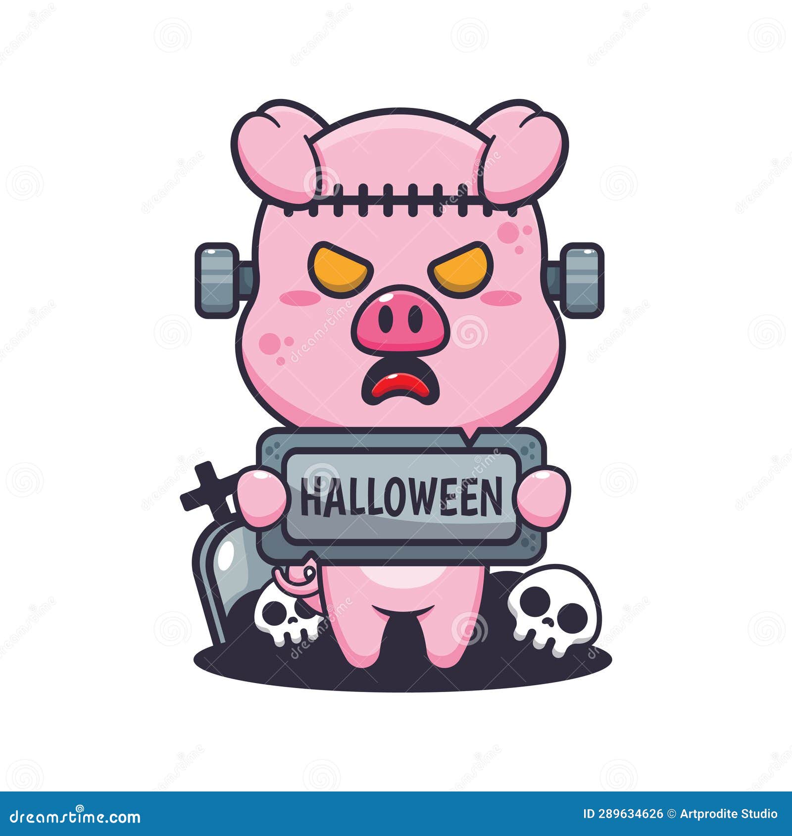 Zombie Pig Holding Halloween Greeting Stone. Cute Halloween Cartoon ...