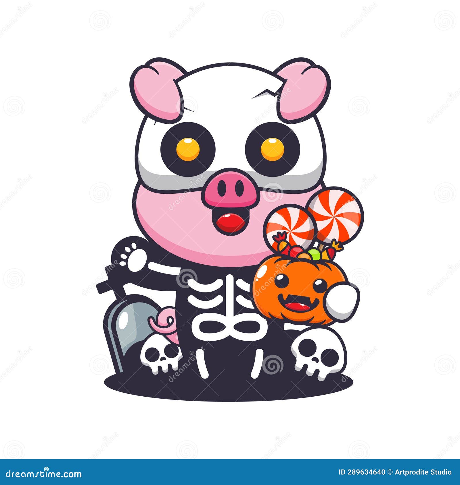 Cute Pig with Skeleton Costume Holding Halloween Pumpkin. Stock Vector ...
