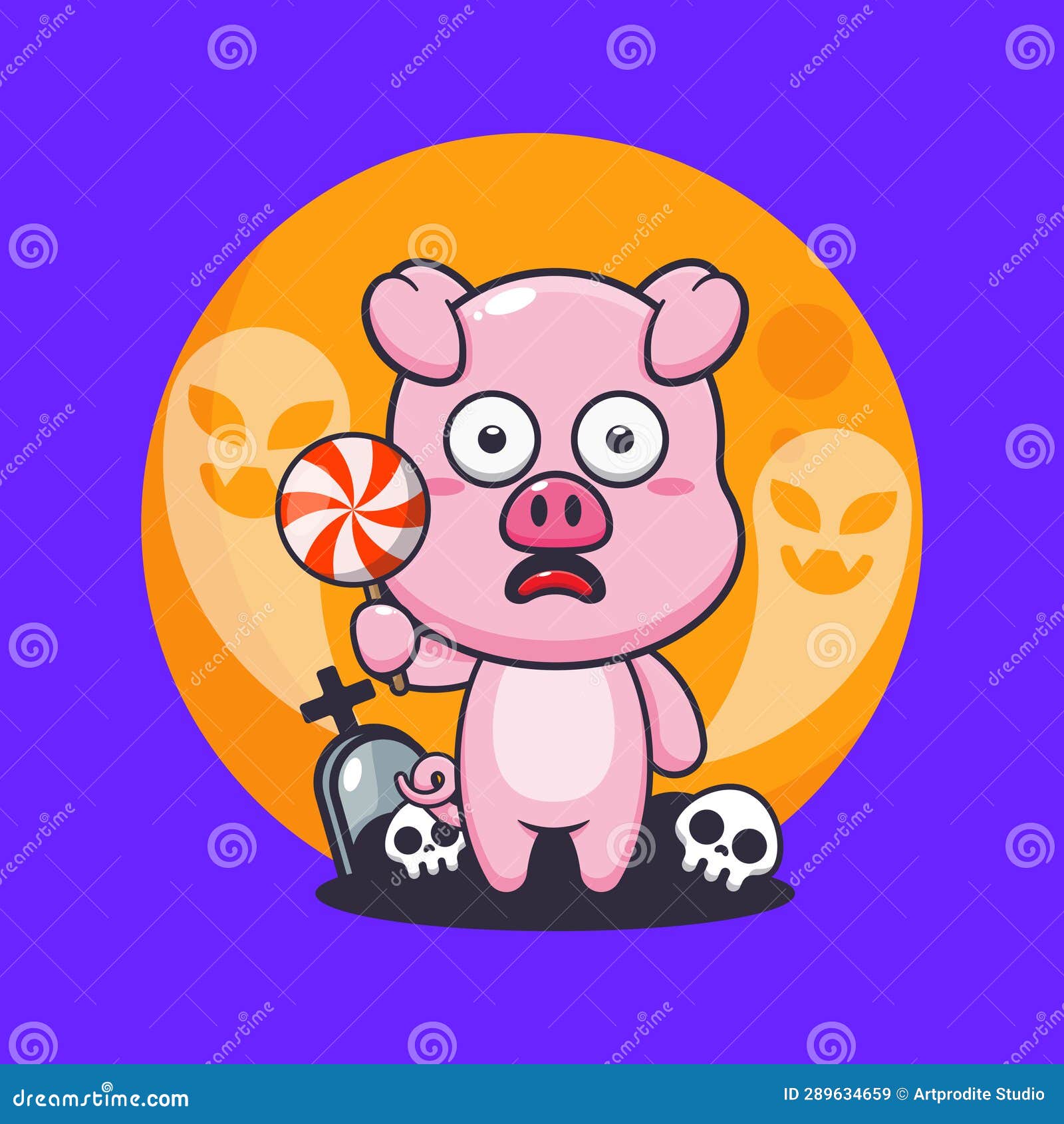 Cute Pig Scared by Ghost in Halloween Day. Cute Halloween Cartoon ...