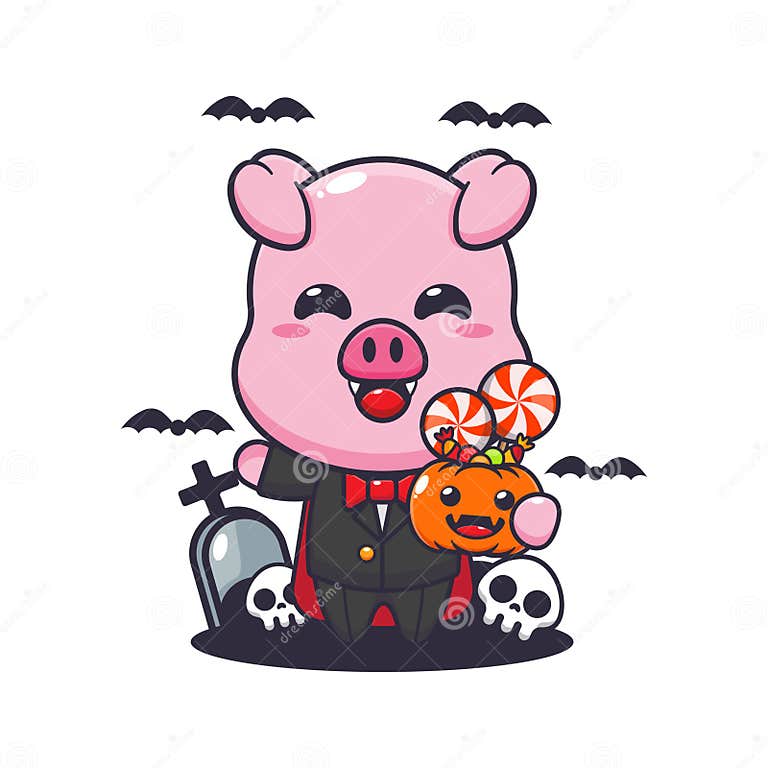 Vampire Pig Holding Halloween Pumpkin. Cute Halloween Cartoon ...