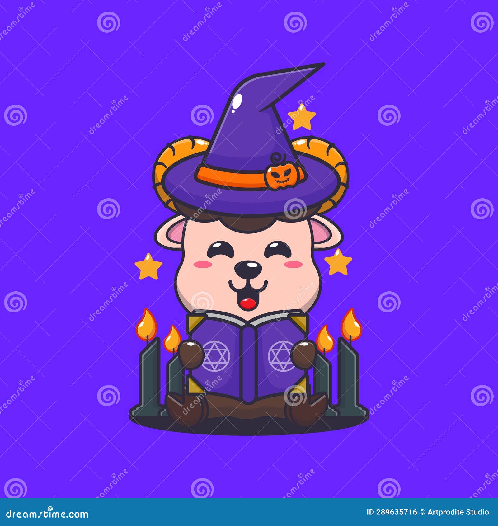 Witch Ram Sheep Reading Spell Book. Cute Halloween Cartoon Illustration ...