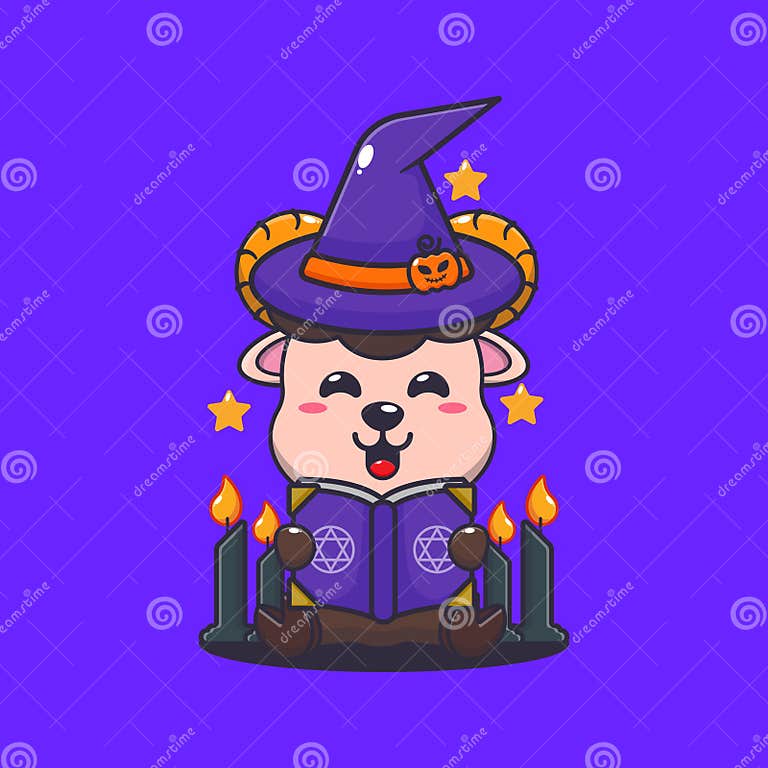 Witch Ram Sheep Reading Spell Book. Cute Halloween Cartoon Illustration ...
