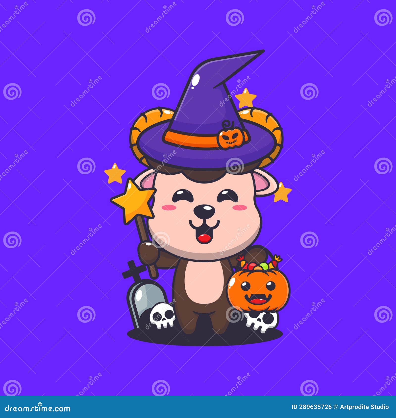 Witch Ram Sheep in Halloween Day. Cute Halloween Cartoon Illustration ...