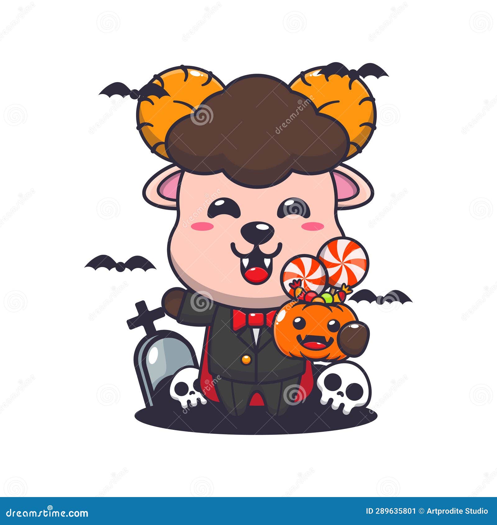 Vampire Ram Sheep Holding Halloween Pumpkin. Cute Halloween Cartoon ...