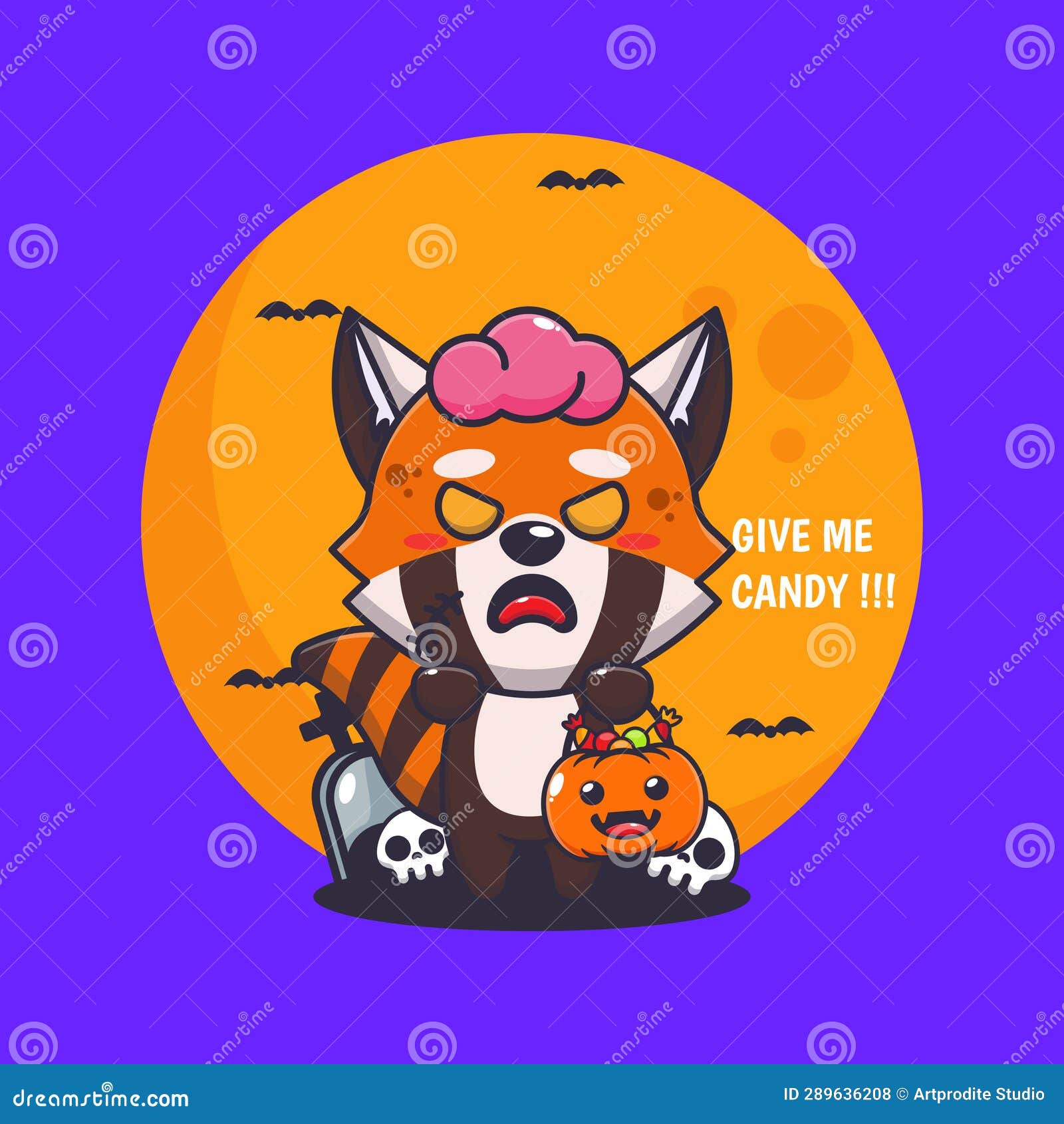 Zombie Red Panda Want Candy. Cute Halloween Cartoon Illustration Stock ...