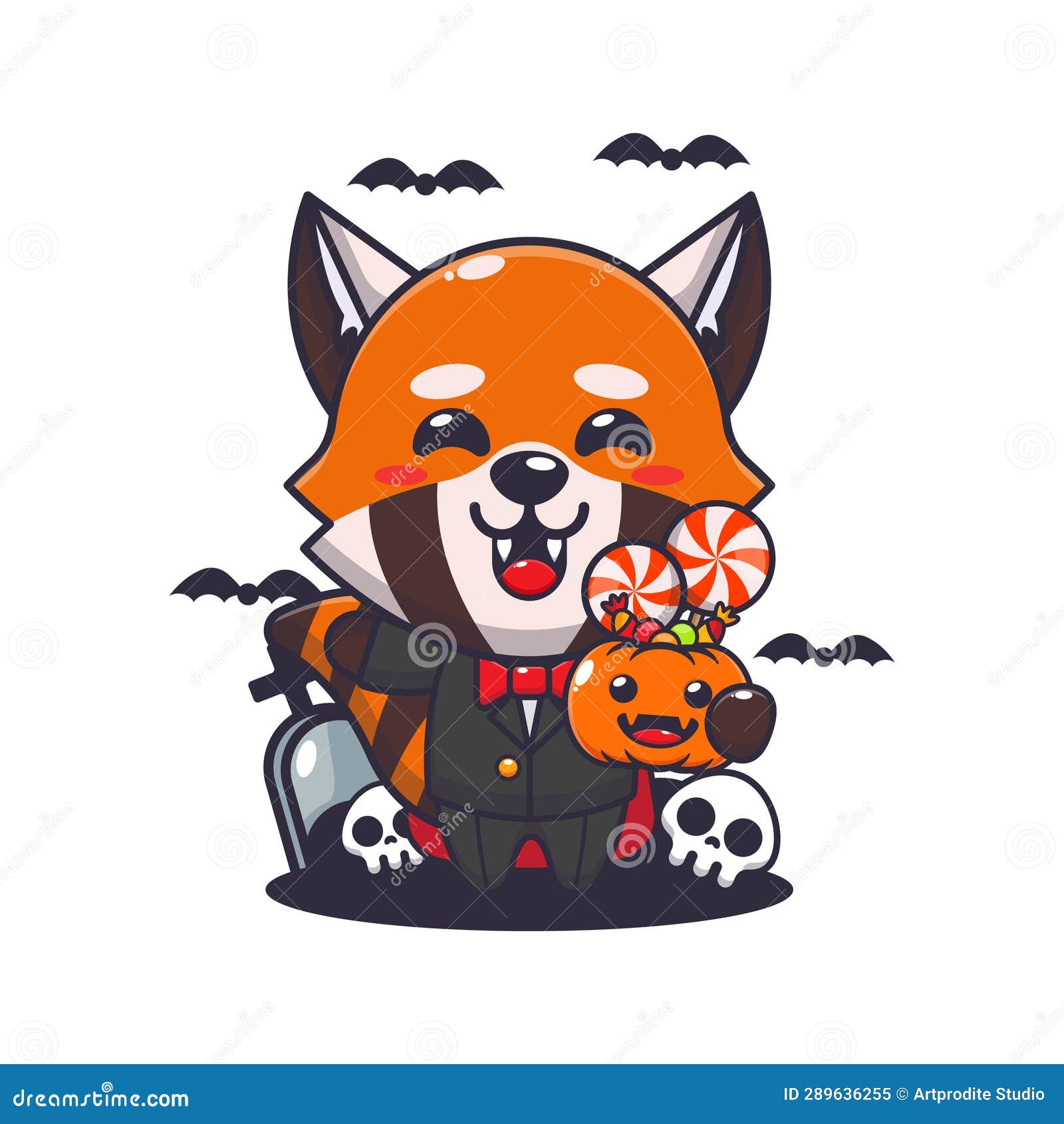 Vampire Red Panda Holding Halloween Pumpkin. Cute Halloween Cartoon ...