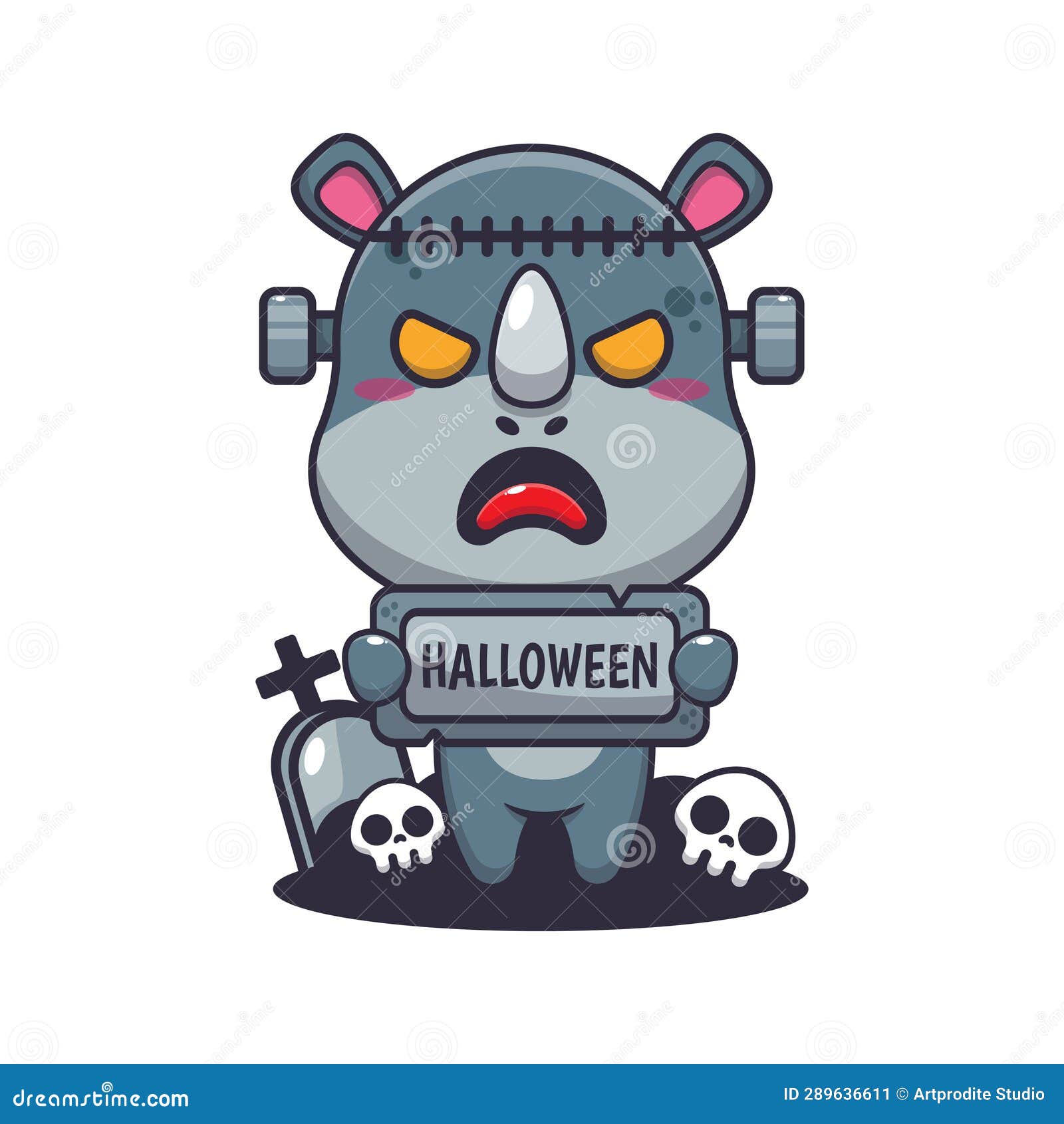 Zombie Rhino Holding Halloween Greeting Stone. Cute Halloween Cartoon ...
