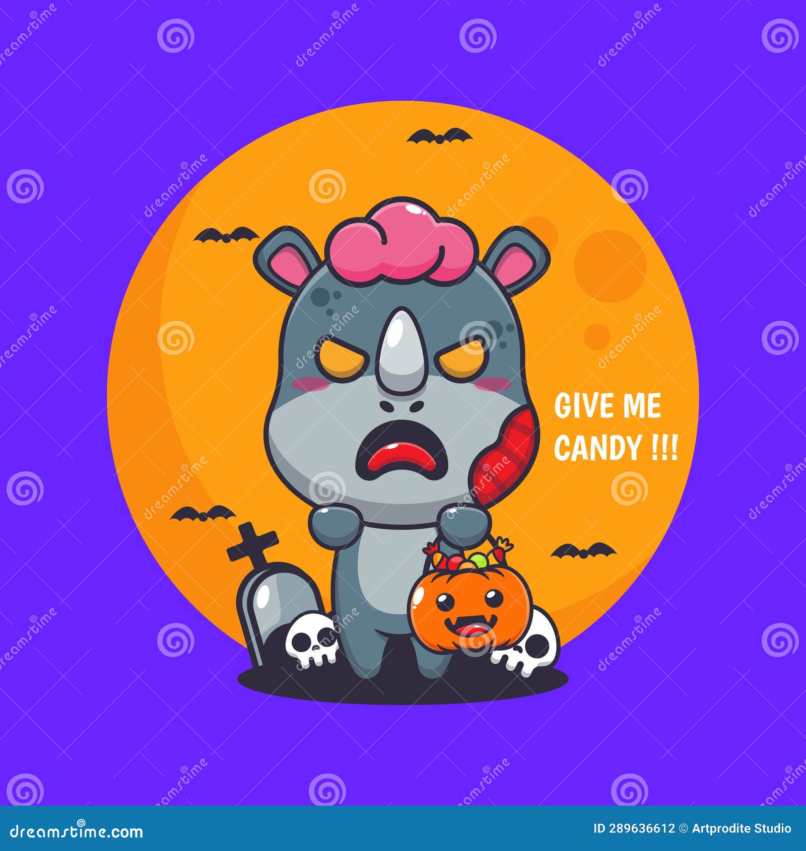 Zombie Rhino Want Candy. Cute Halloween Cartoon Illustration Stock ...