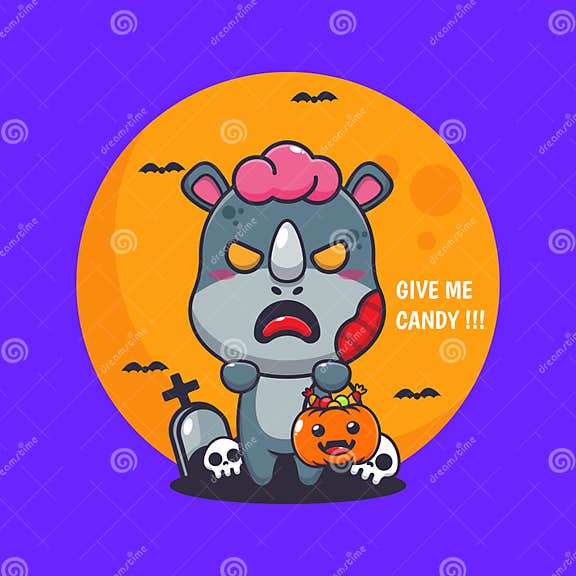 Zombie Rhino Want Candy. Cute Halloween Cartoon Illustration Stock ...