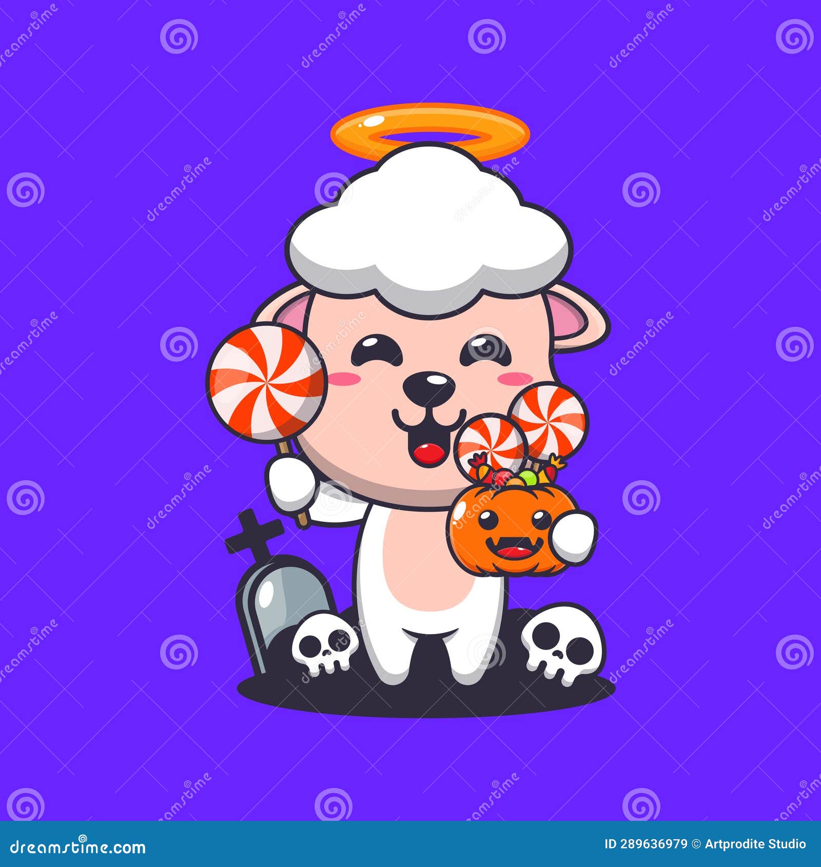 Cute Angel Sheep Holding Candy in Halloween Day. Stock Vector ...