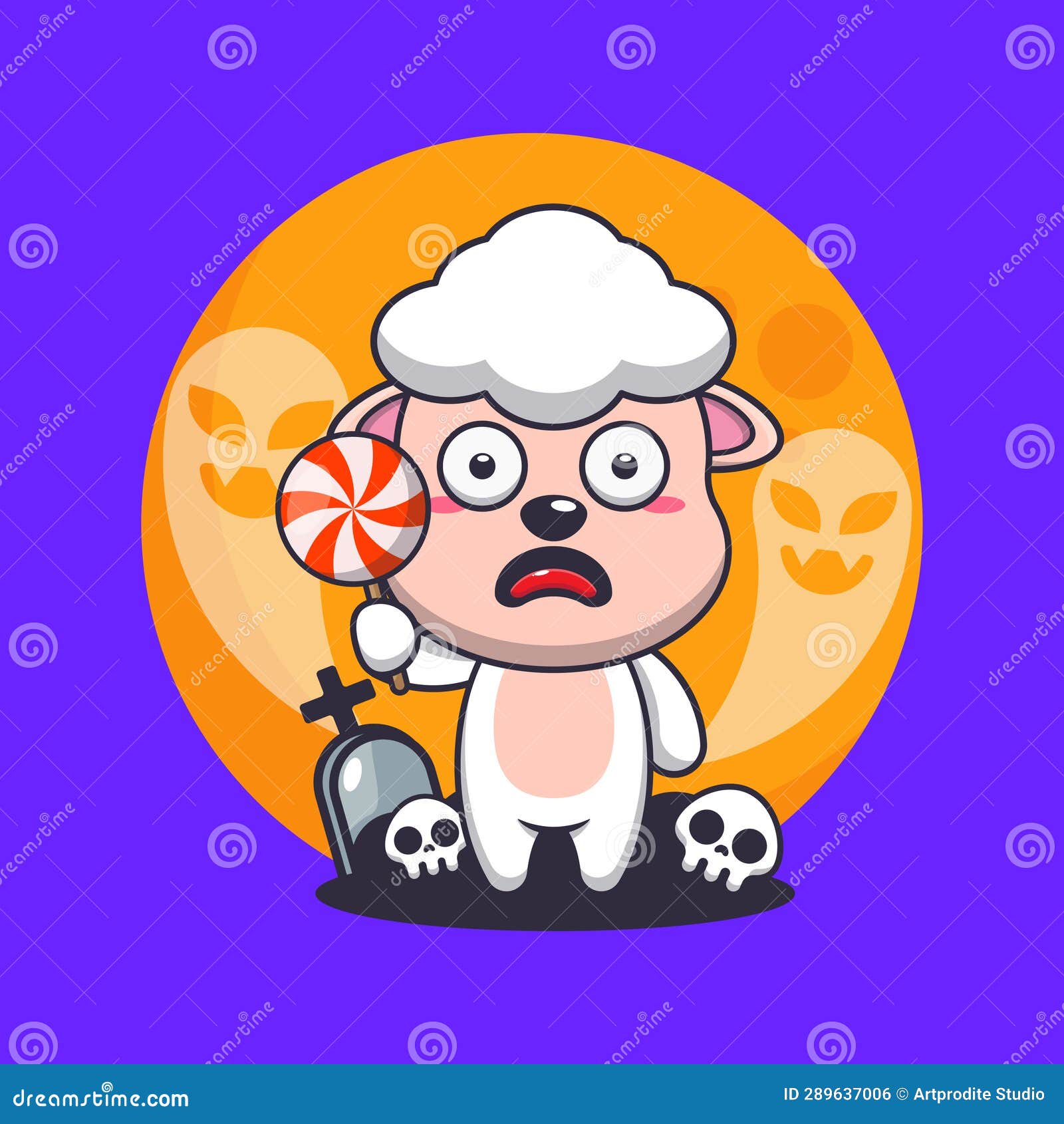 Cute Sheep Scared by Ghost in Halloween Day. Cute Halloween Cartoon ...