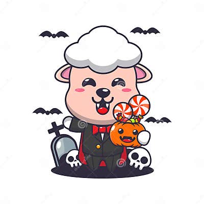 Vampire Sheep Holding Halloween Pumpkin. Cute Halloween Cartoon ...
