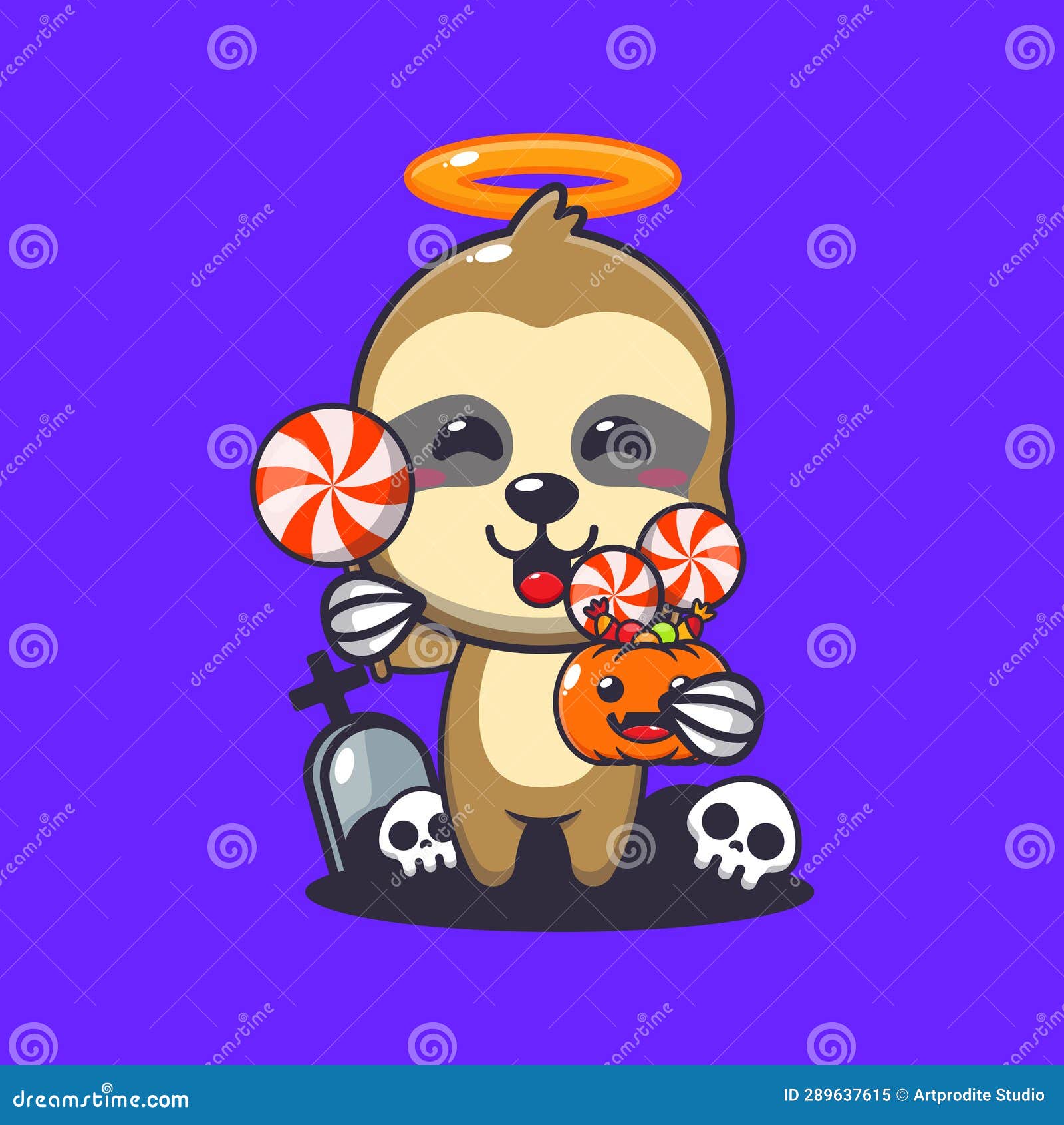 Cute Angel Sloth Holding Candy in Halloween Day. Stock Vector ...