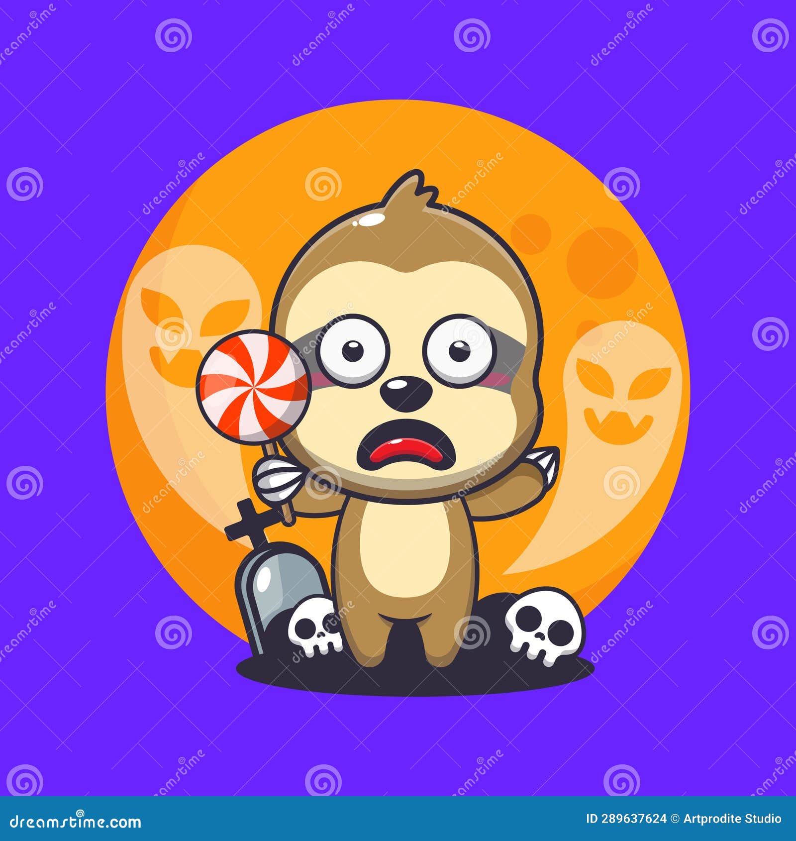 Cute Sloth Scared by Ghost in Halloween Day. Cute Halloween Cartoon ...