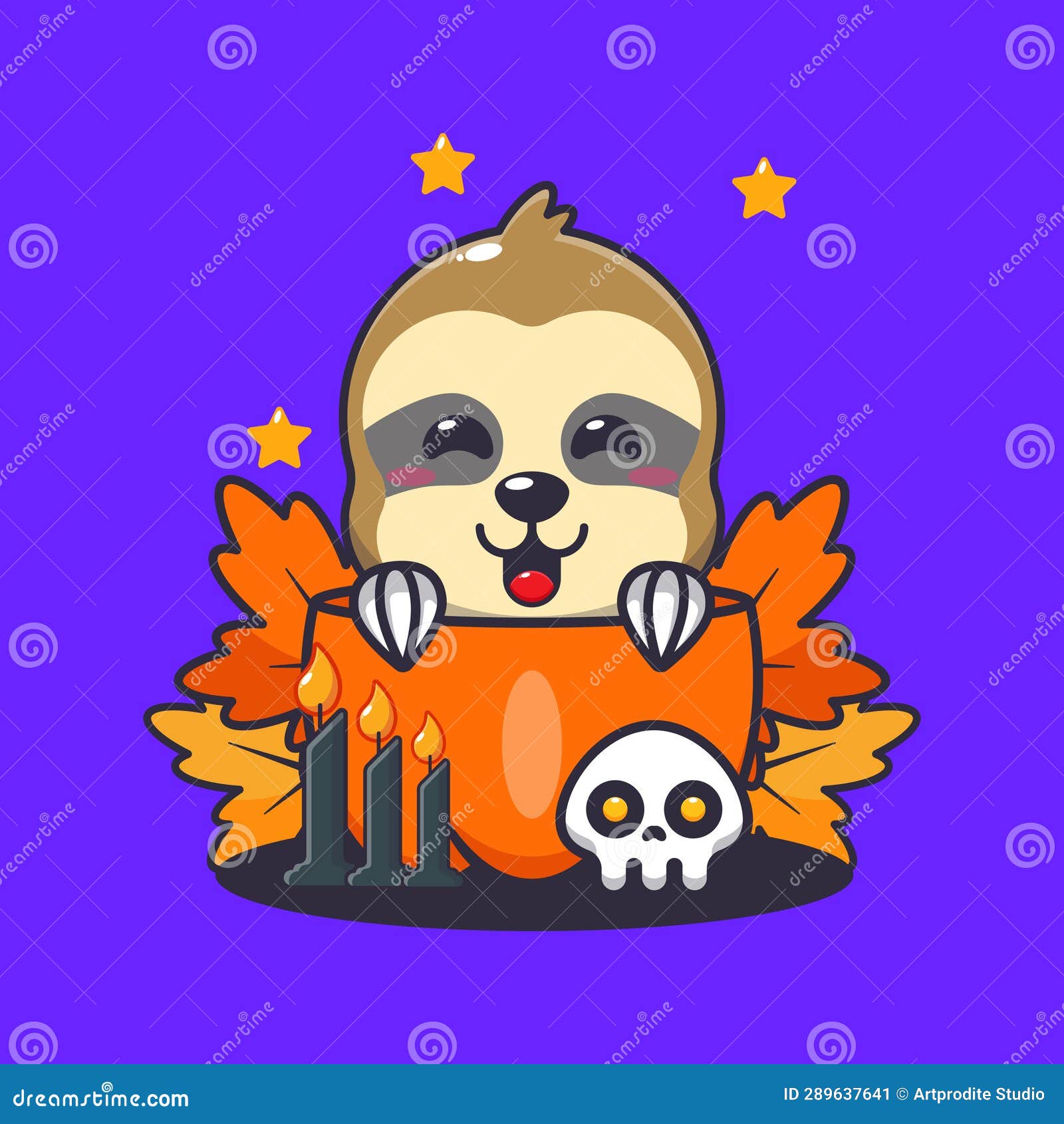 Cute Sloth in Halloween Pumpkin. Cute Halloween Cartoon Illustration ...