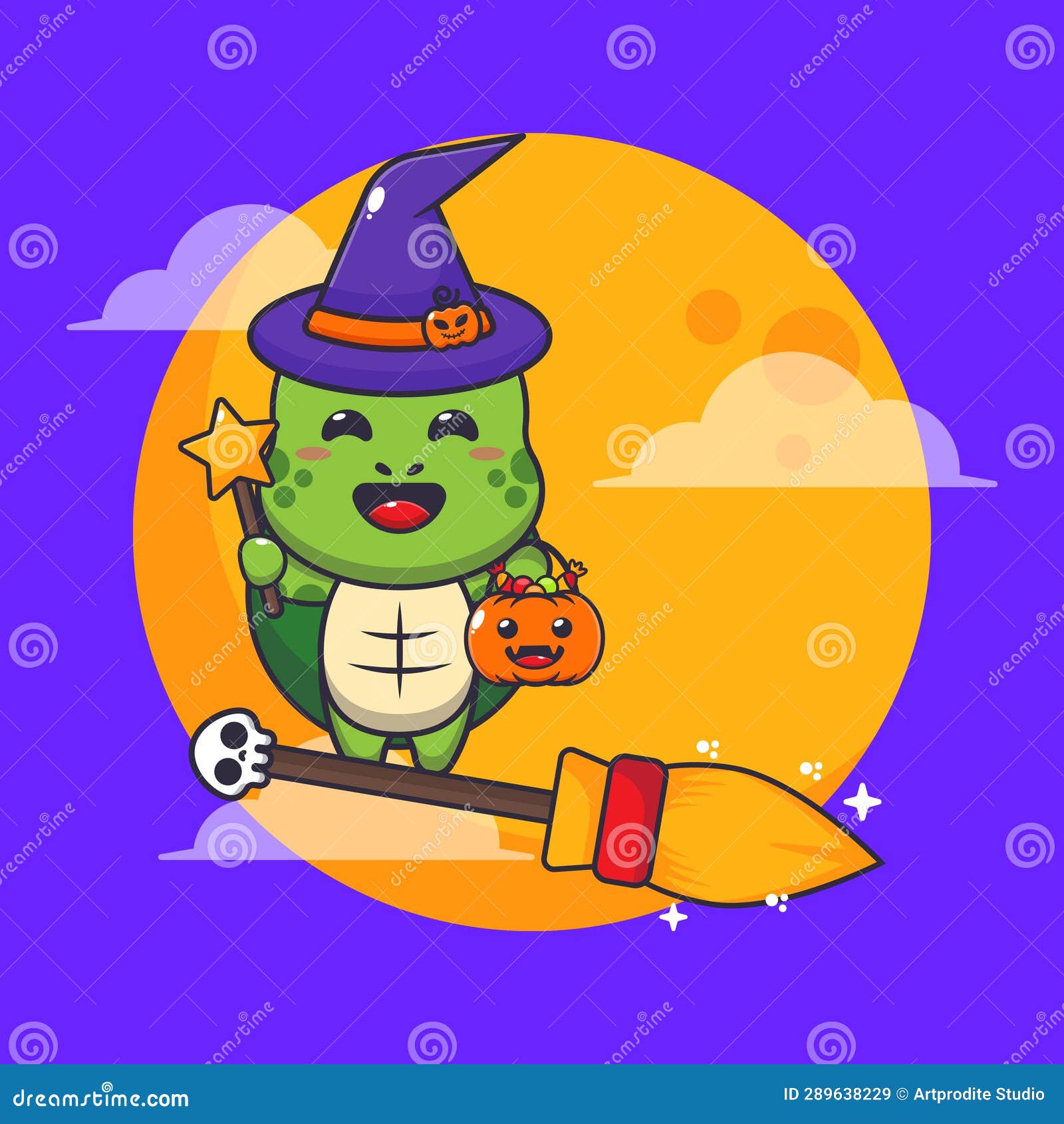 Witch Turtle Fly with Broom in Halloween Night. Cute Halloween Cartoon ...