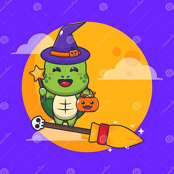 Witch Turtle Fly with Broom in Halloween Night. Cute Halloween Cartoon ...