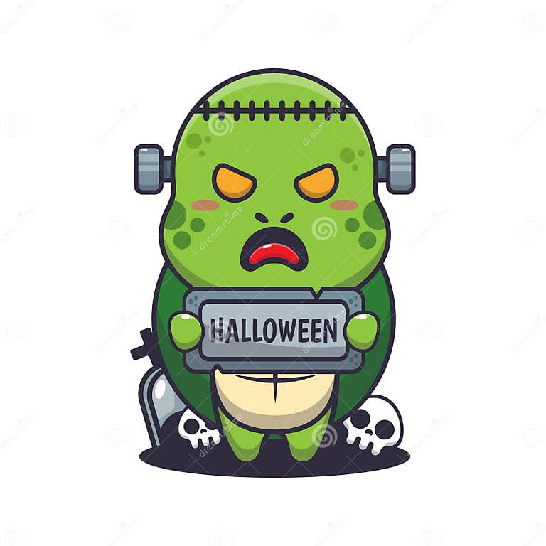 Zombie Turtle Holding Halloween Greeting Stone. Cute Halloween Cartoon ...