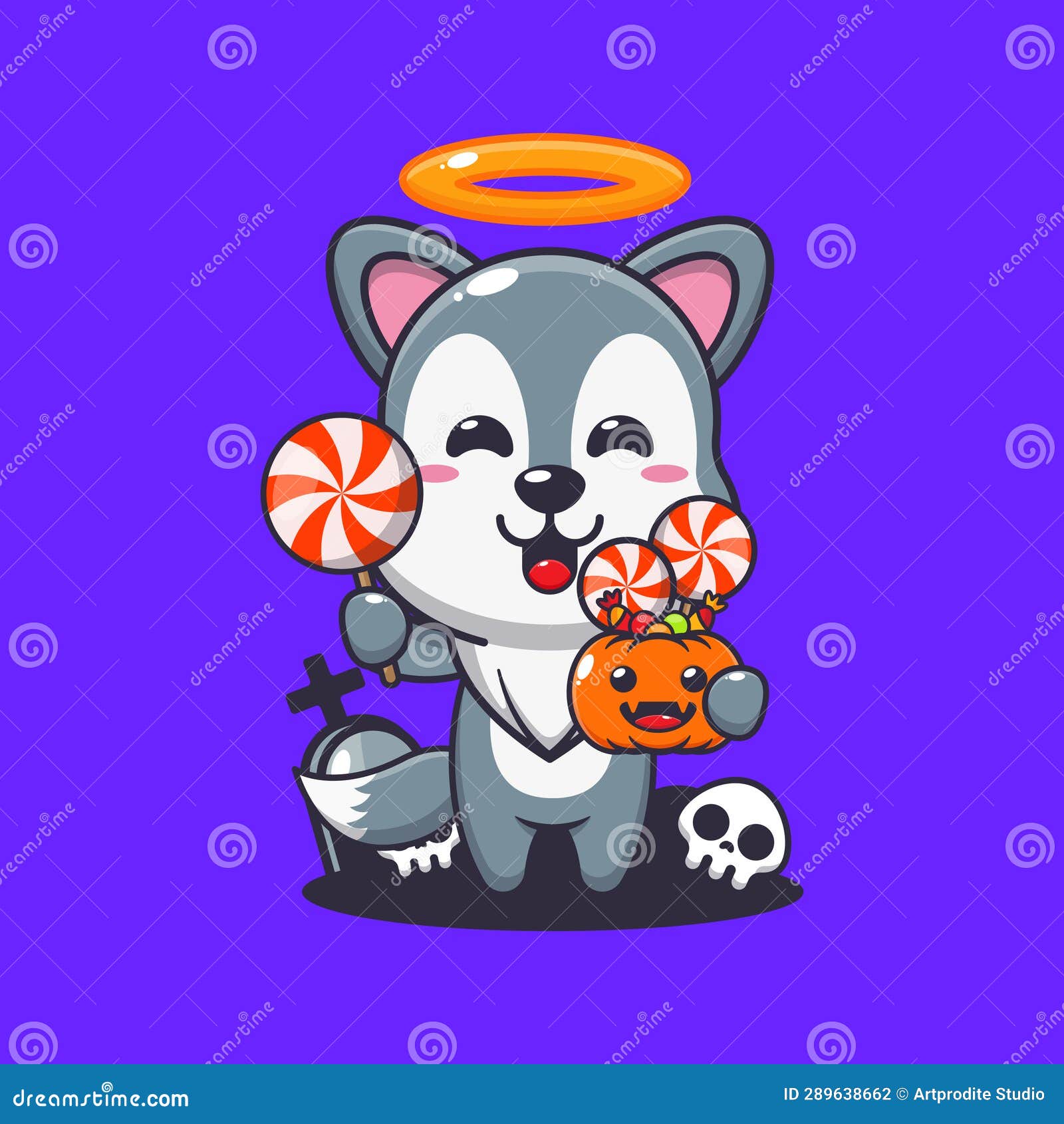 Cute Angel Wolf Holding Candy in Halloween Day. Cute Halloween Cartoon ...