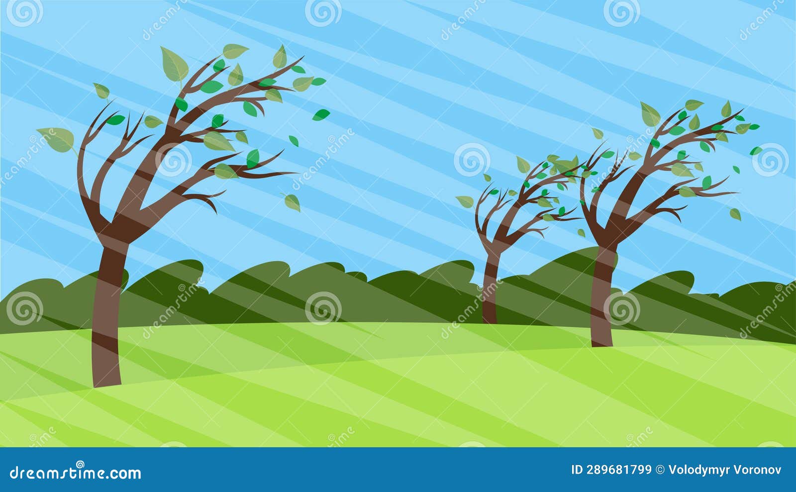Windy Day Trees And Cloud Blowing Wind Vector Illustration ...