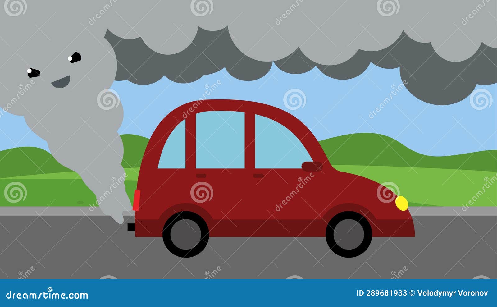 Car with Smoke on the Road Vector Flat Design Illustration. Stock ...