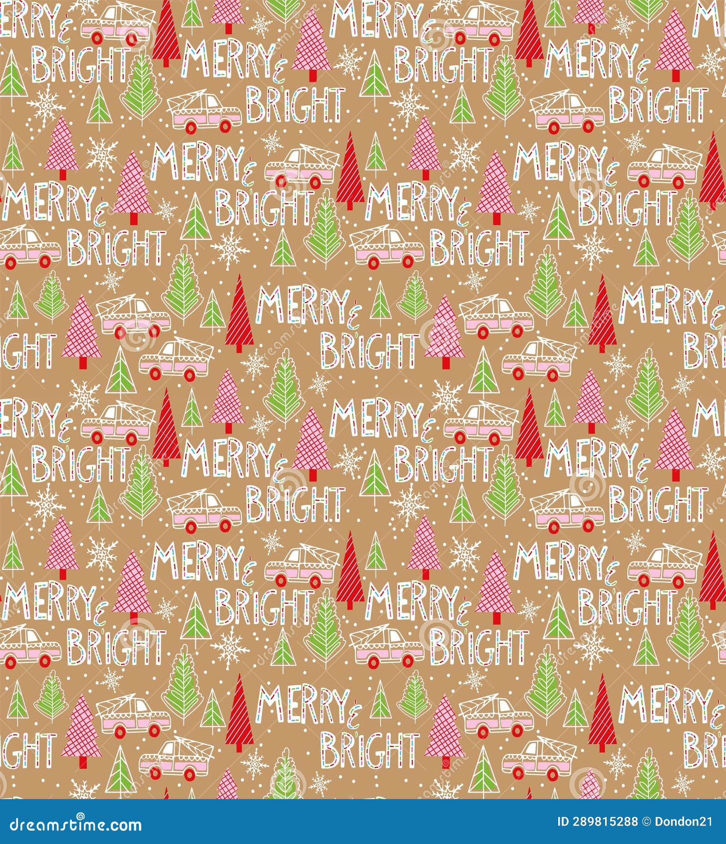 Seamless Merry and Bright Wording with Truck and Christmas Trees Stock ...