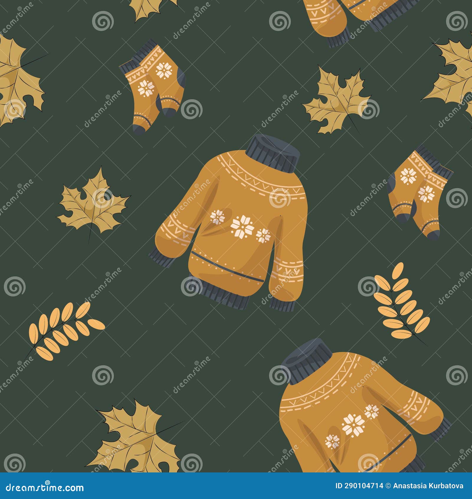 Seamless Pattern with Winter Clothes and Leaves. Stock Vector - Illustration of design, yellow ...