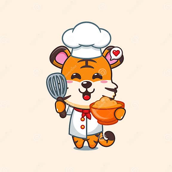 Chef Tiger Cartoon Vector with Cake Dough. Stock Vector - Illustration ...