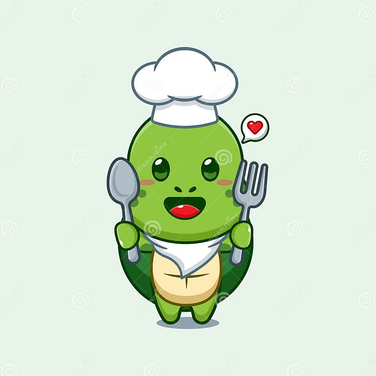 Chef Turtle Cartoon Vector Holding Spoon and Fork. Stock Vector ...