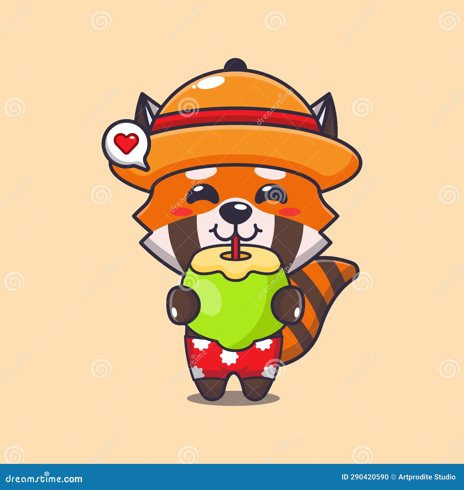 Cute Red Panda Drink Fresh Coconut Cartoon Illustration. Stock Vector ...