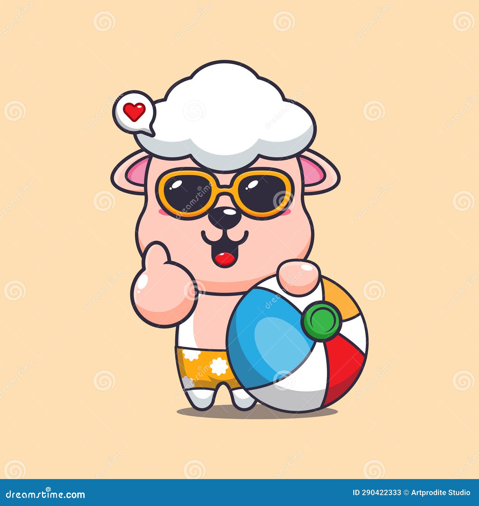 Cute Sheep in Sunglasses with Beach Ball Cartoon Illustration. Stock ...