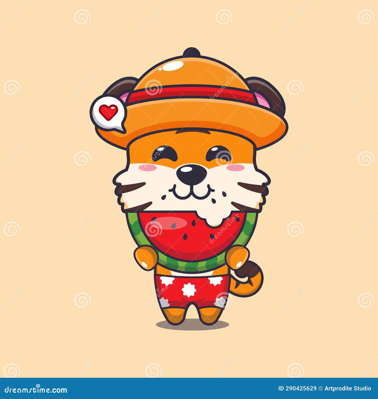 Cute Tiger Eating Fresh Watermelon Cartoon Illustration. Stock Vector ...
