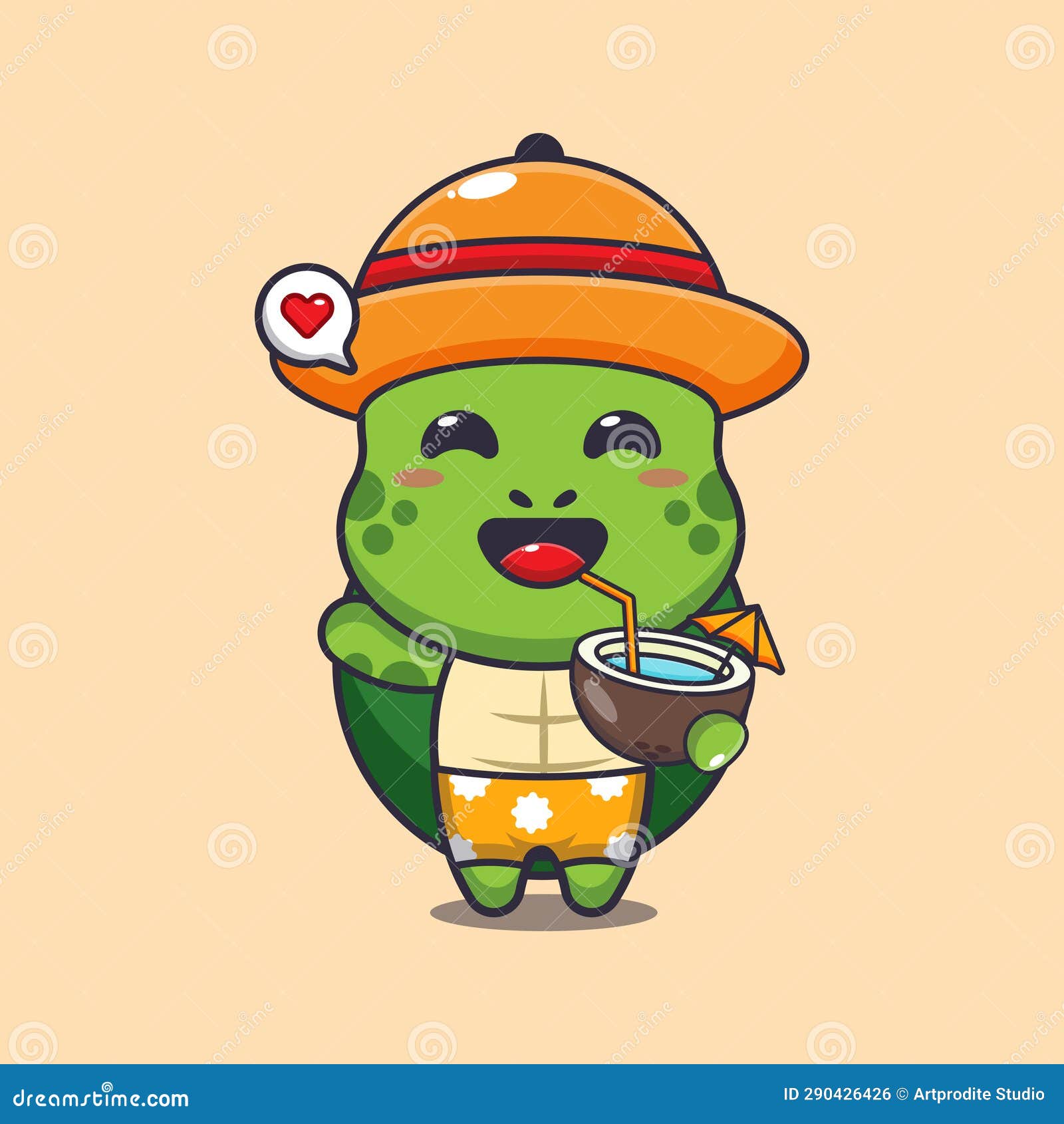 Cute Turtle Drink Coconut Cartoon Illustration. Stock Vector ...