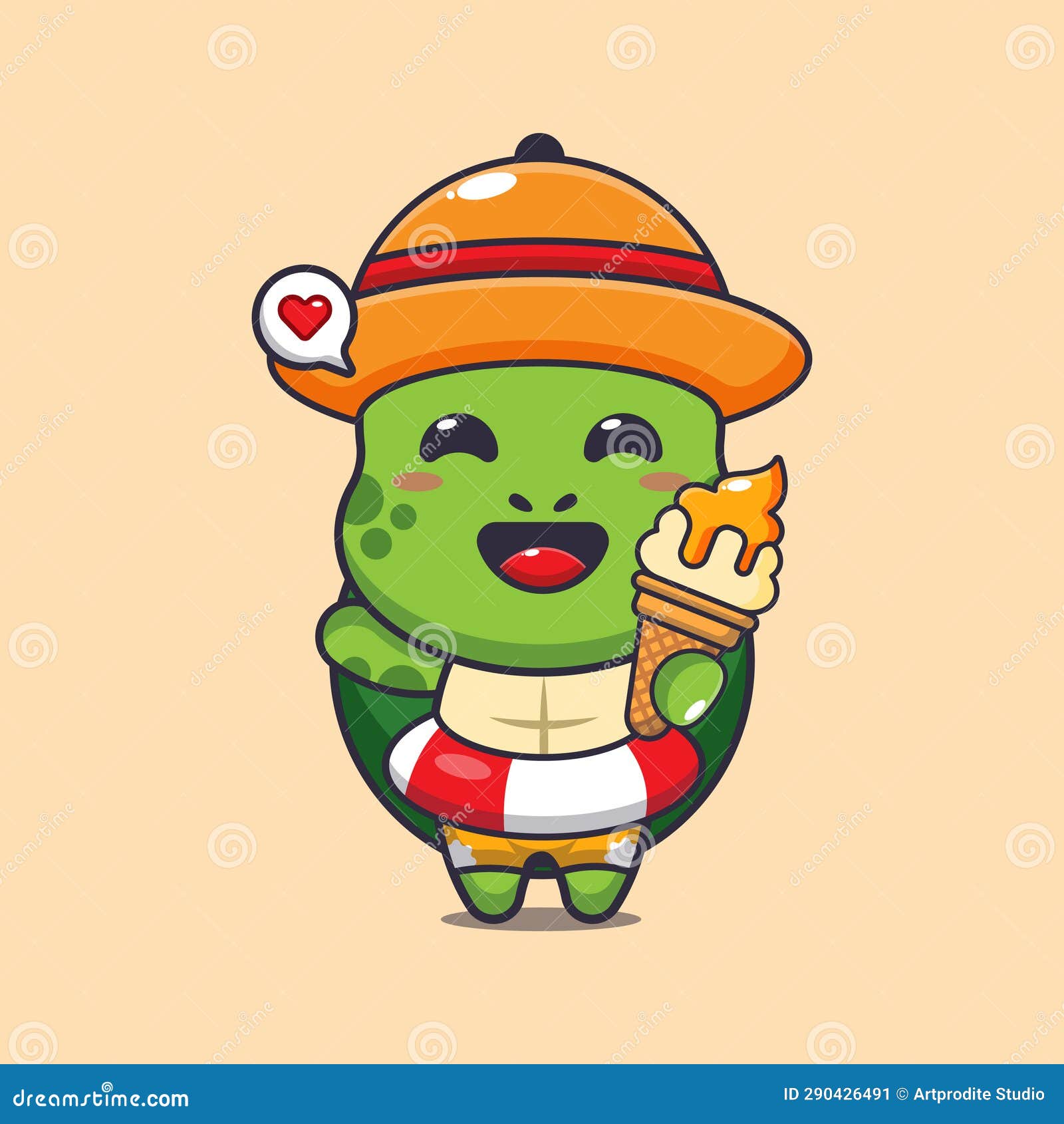 Cute Turtle with Ice Cream on Beach Cartoon Illustration. Stock Vector ...