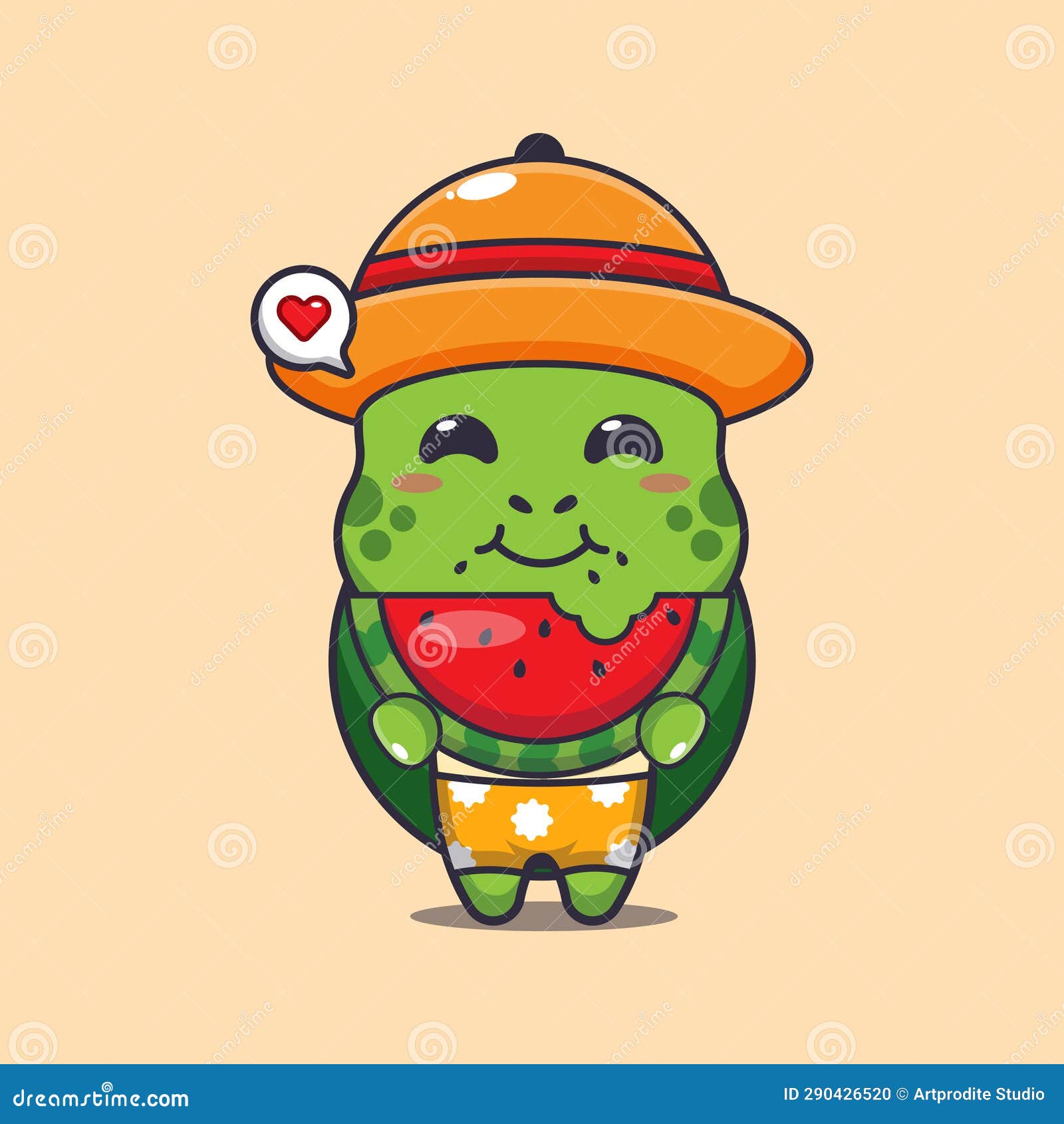Cute Turtle Eating Fresh Watermelon Cartoon Illustration. Stock Vector ...