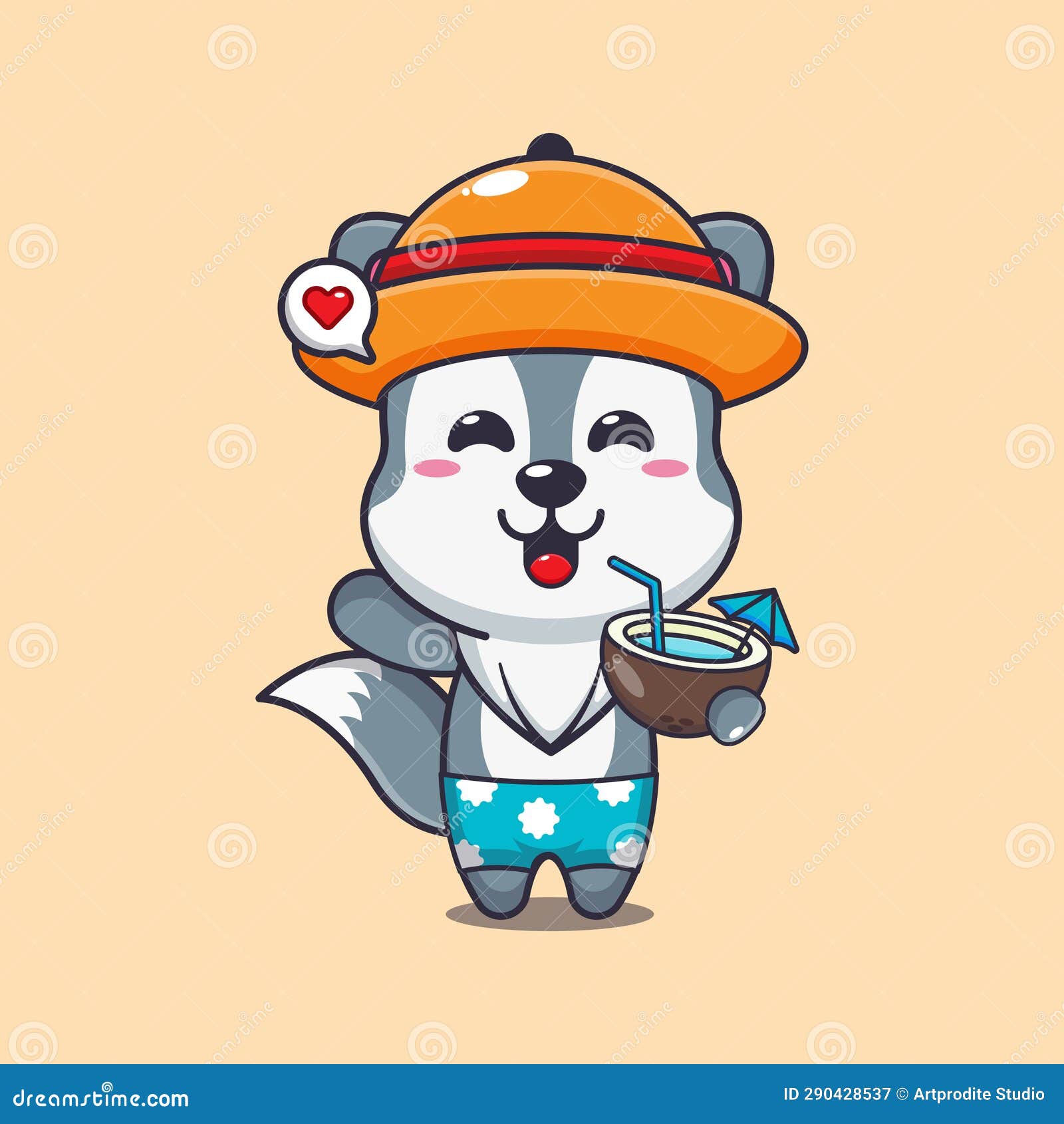 Cute Wolf Drink Coconut Cartoon Illustration. Stock Vector ...