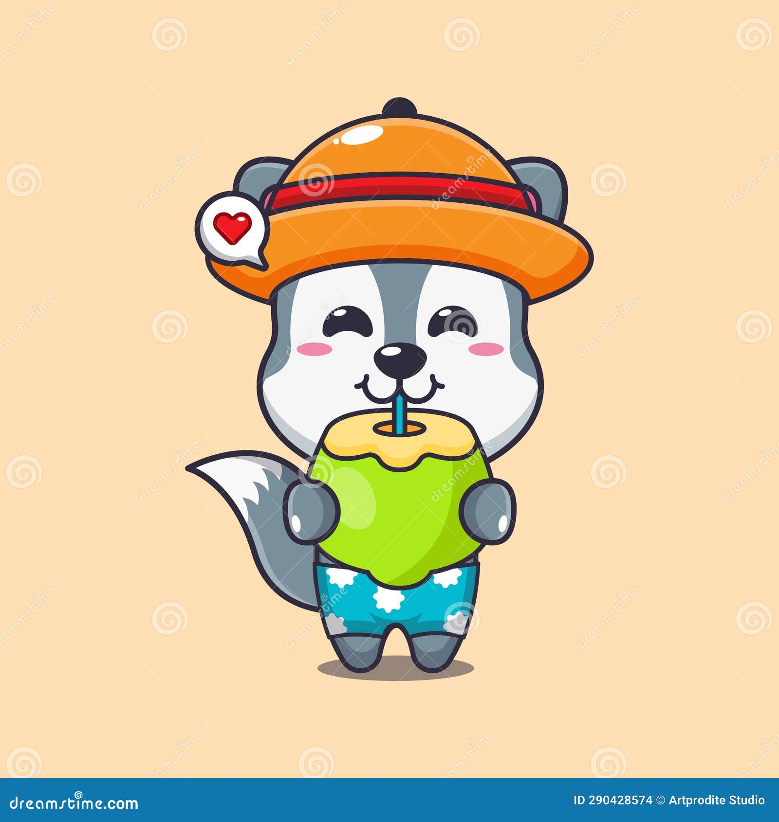 Cute Wolf Drink Fresh Coconut Cartoon Illustration. Stock Vector ...