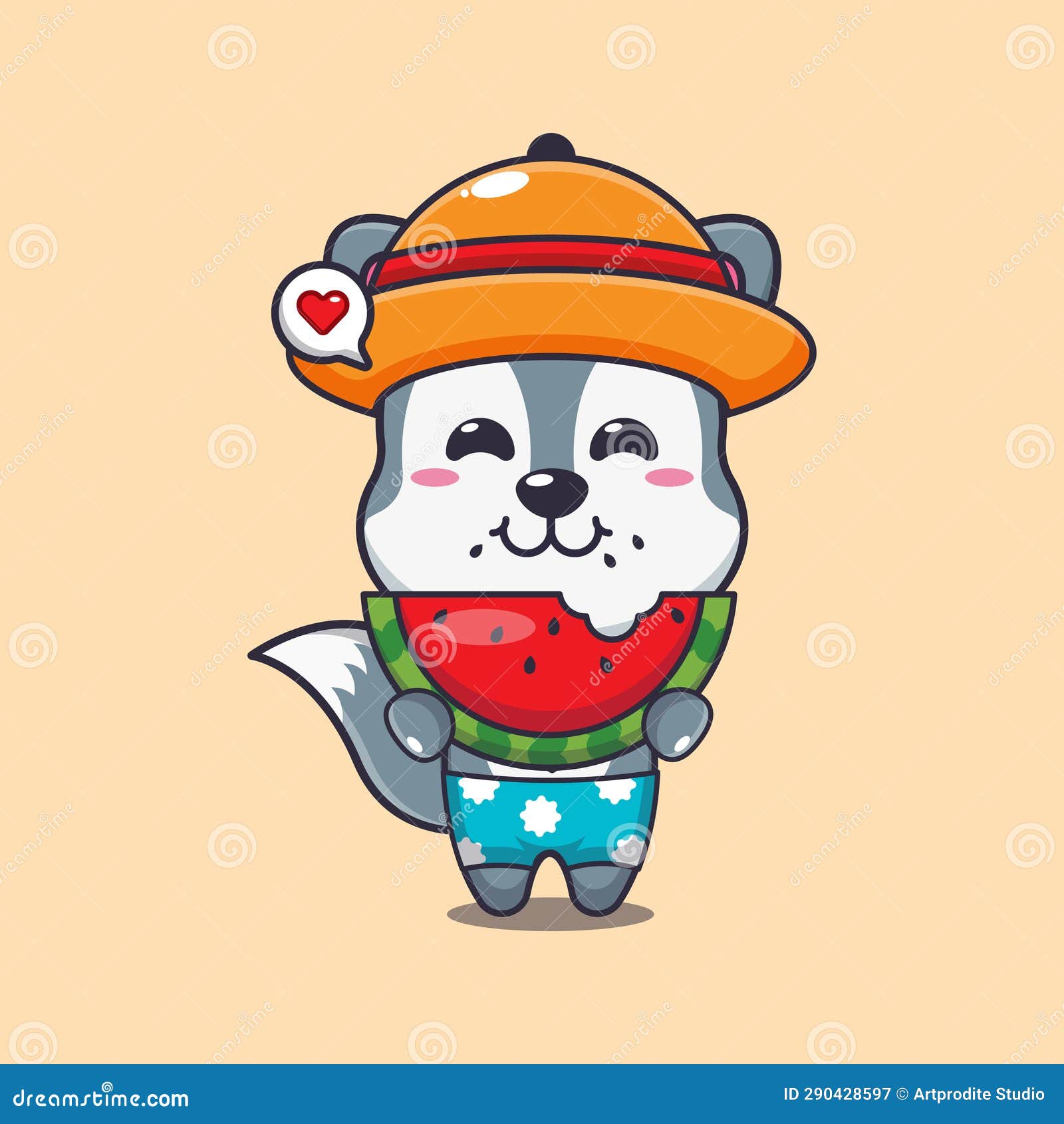 Cute Wolf Eating Fresh Watermelon Cartoon Illustration. Stock Vector ...
