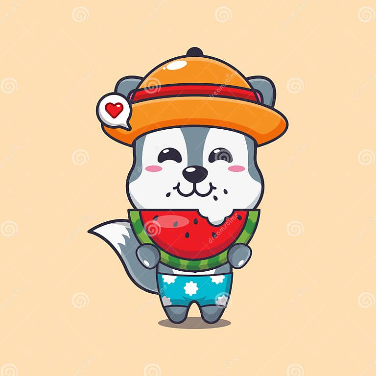 Cute Wolf Eating Fresh Watermelon Cartoon Illustration. Stock Vector ...
