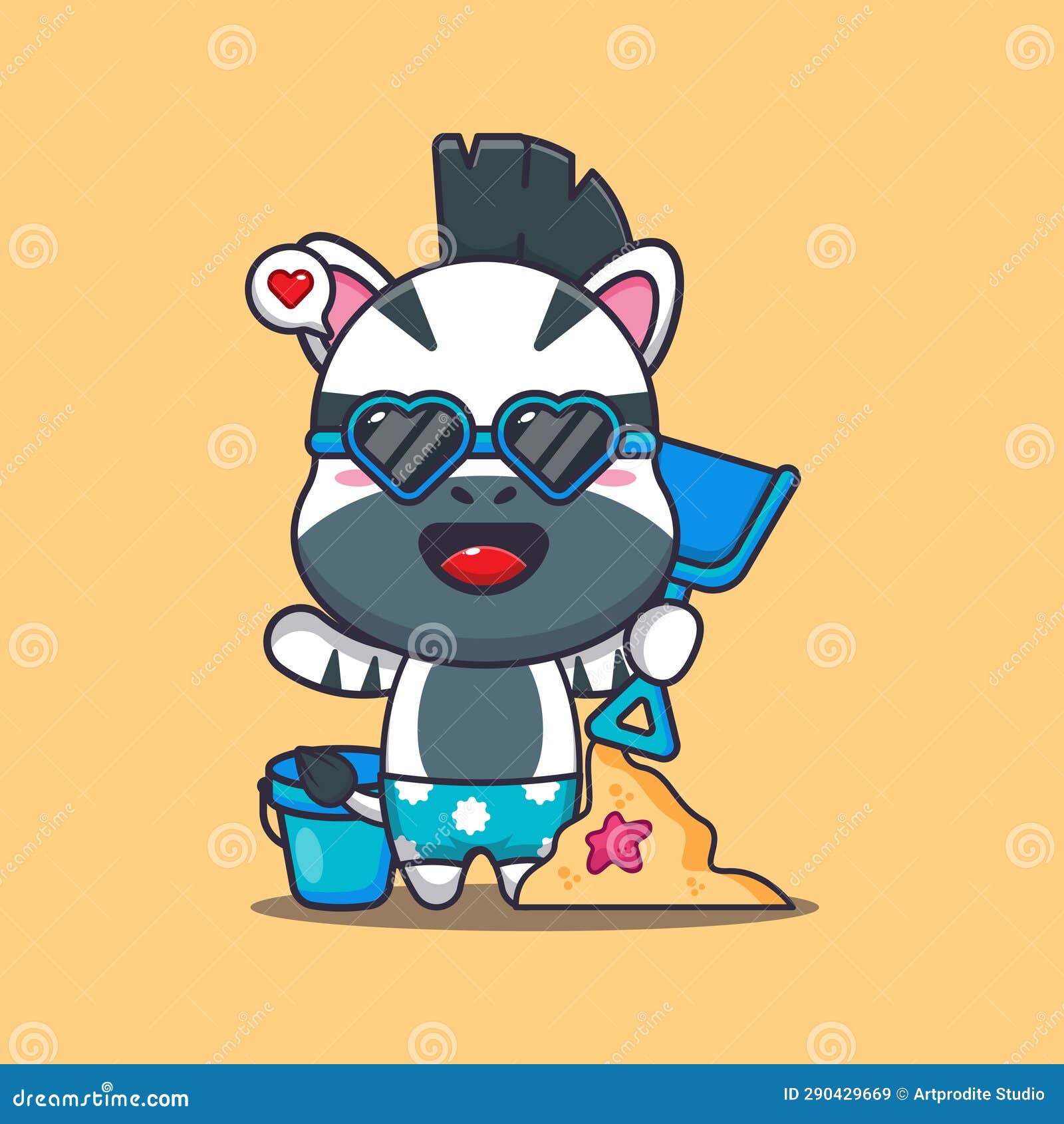 Cute Zebra in Sunglasses Play Sand Beach Cartoon Illustration. Cute ...
