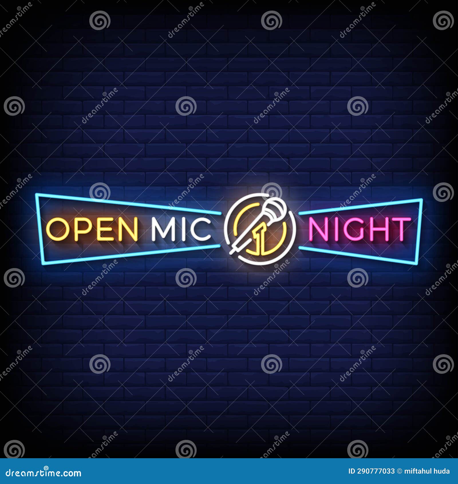 Neon Sign Open Mic Night with Brick Wall Background Vector Stock Vector ...