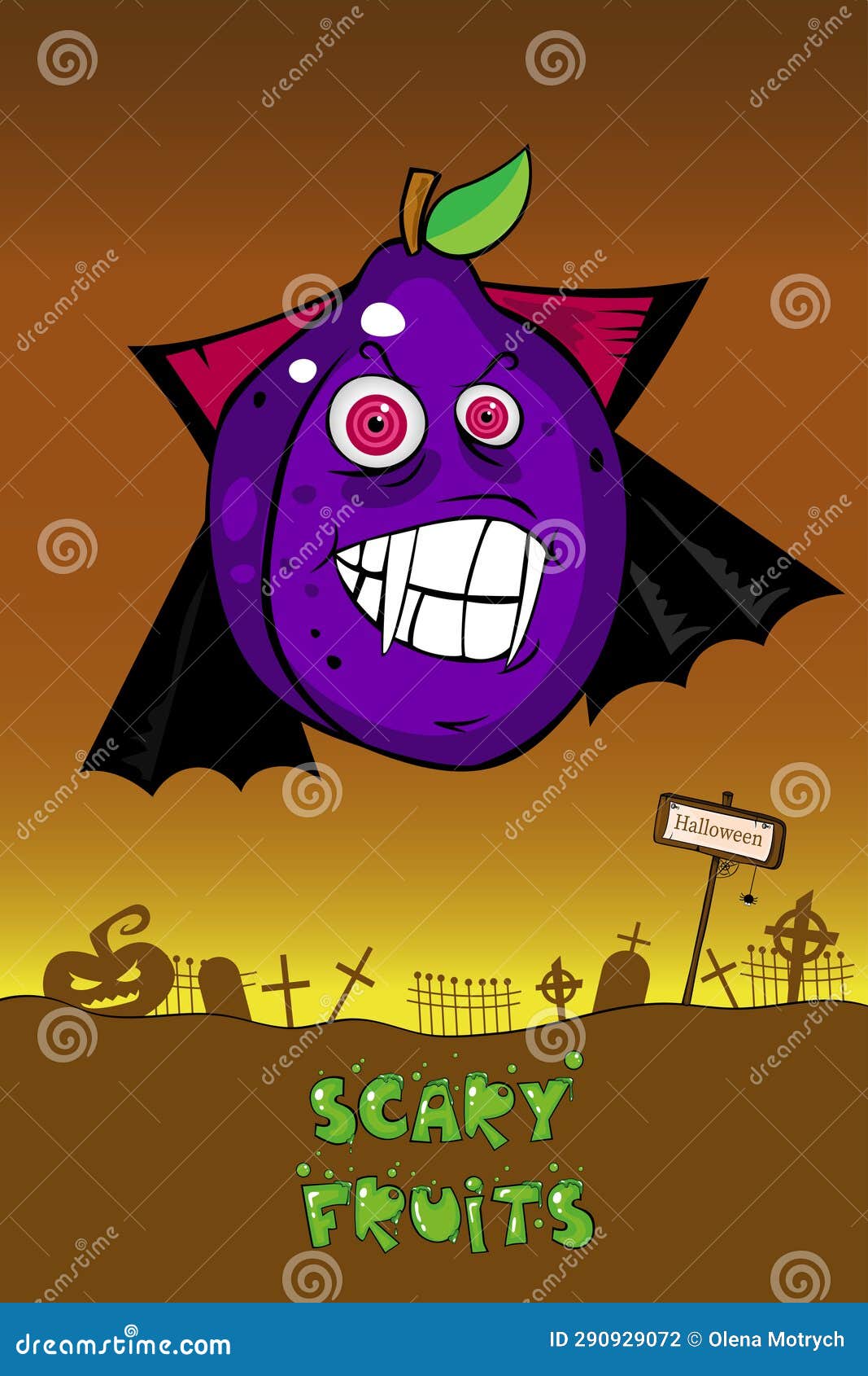 Cute Scary Fruit Collection As Halloween Monsters. Plum Character for ...
