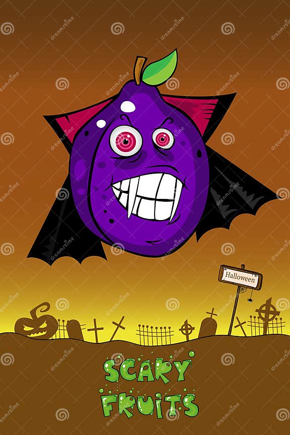 Cute Scary Fruit Collection As Halloween Monsters. Plum Character for ...