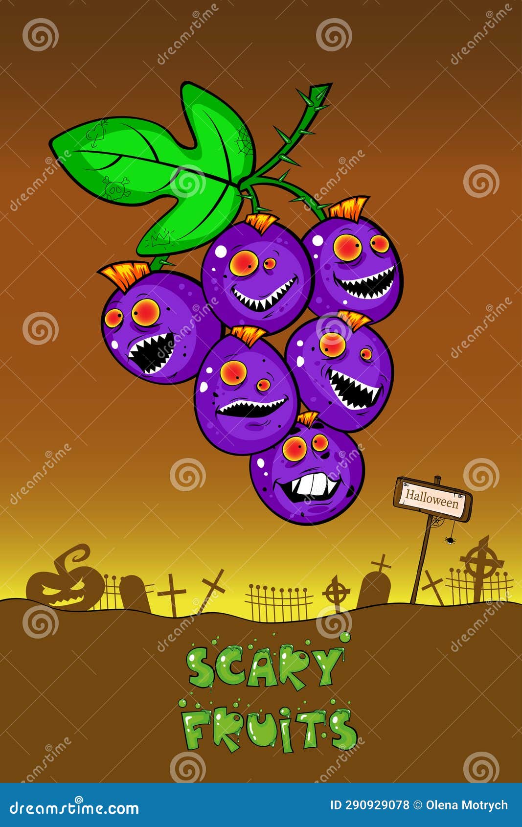 Cute Scary Fruit Collection As Halloween Monsters. Grapes Character for ...