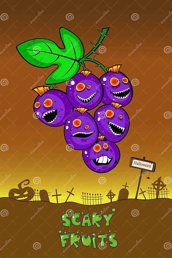 Cute Scary Fruit Collection As Halloween Monsters. Grapes Character for ...
