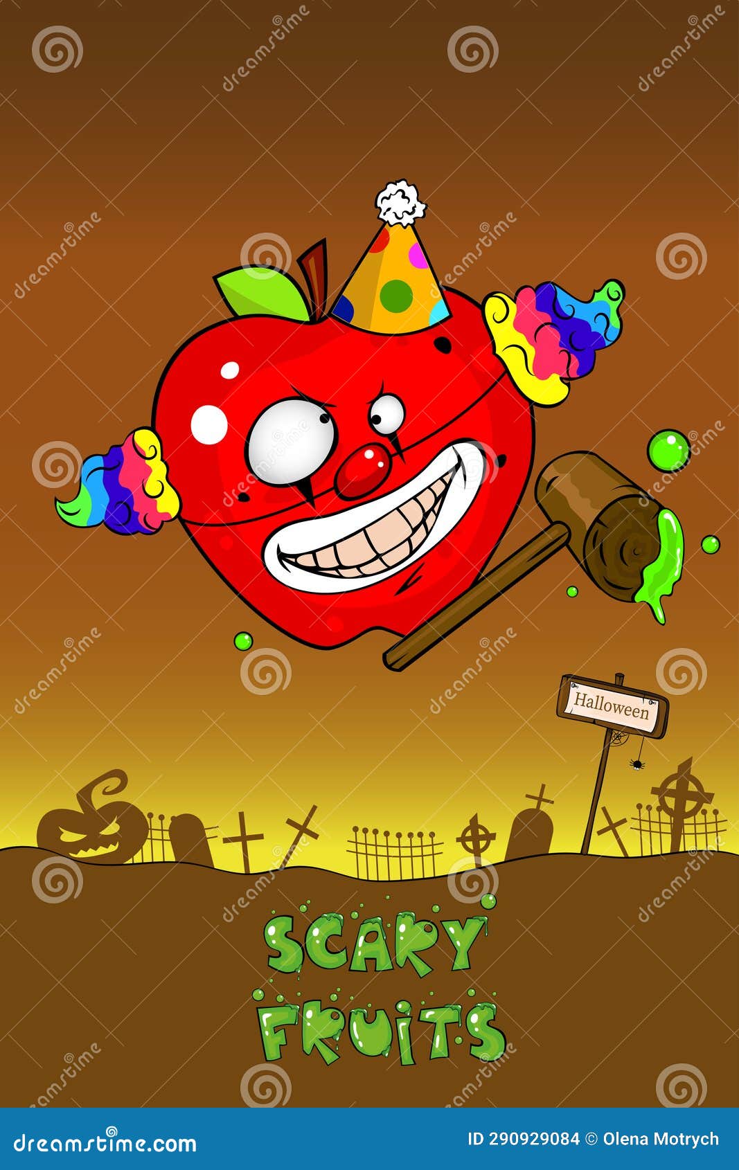 Cute Scary Fruit Collection As Halloween Monsters. Apple Character for ...