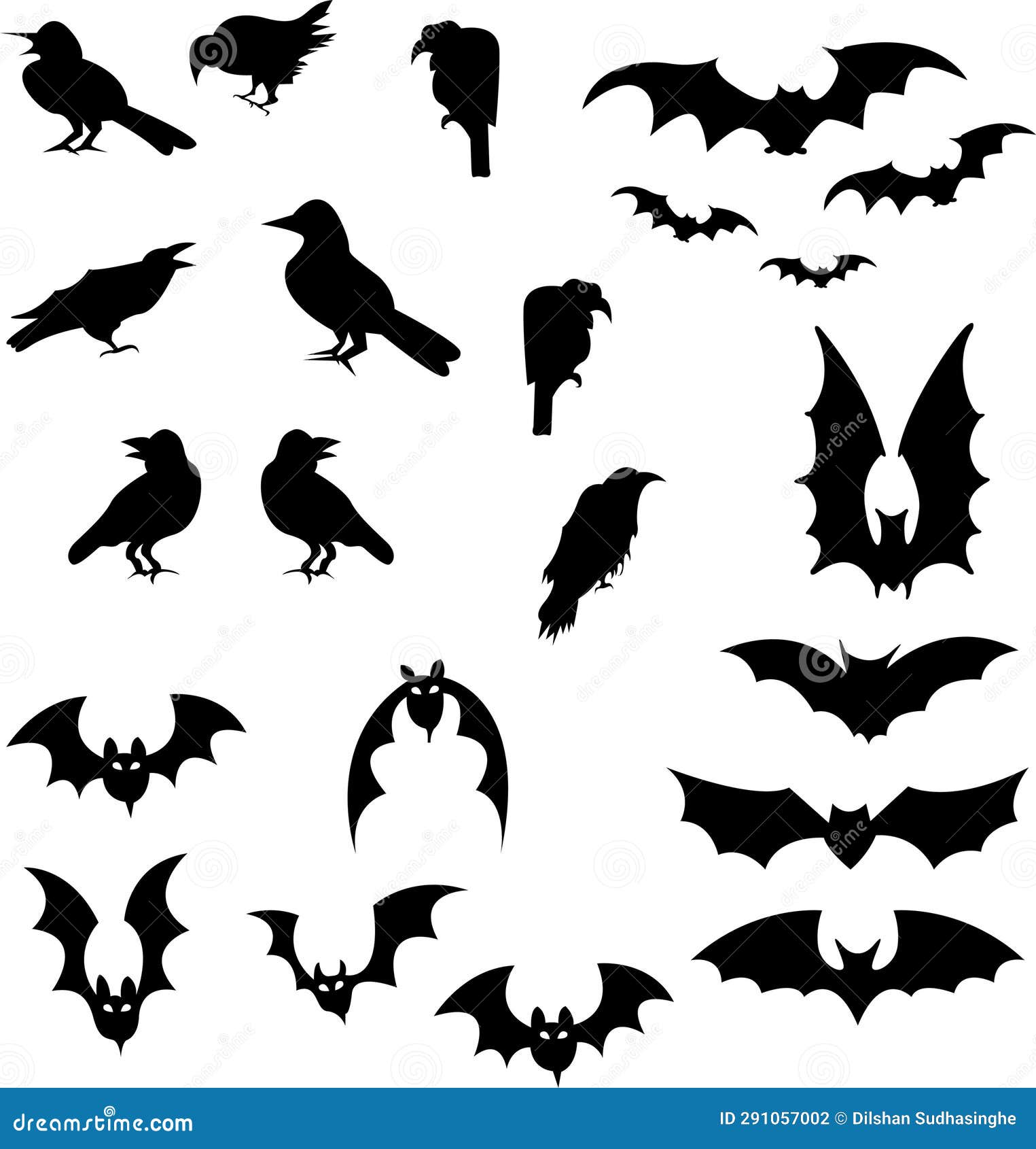 Set of Black Isolated Silhouettes of Crows and Bat Birds Stock Vector ...
